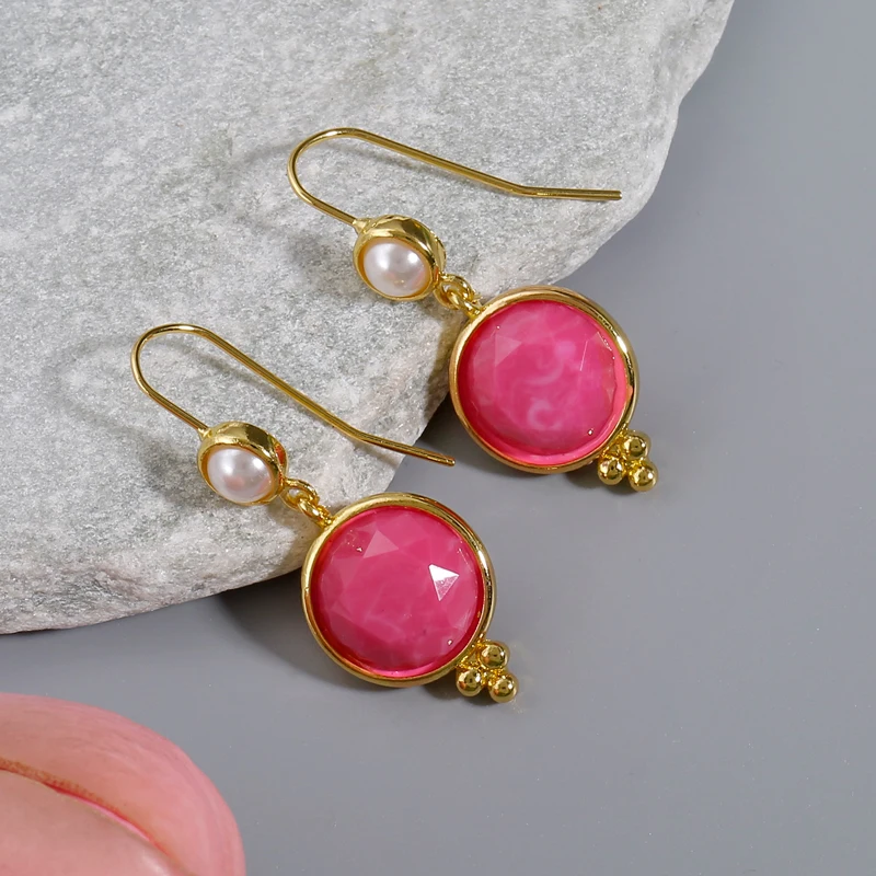 Luxury Retro Palace Pink Gemstone Earrings With Pearl Tips For Women's ...