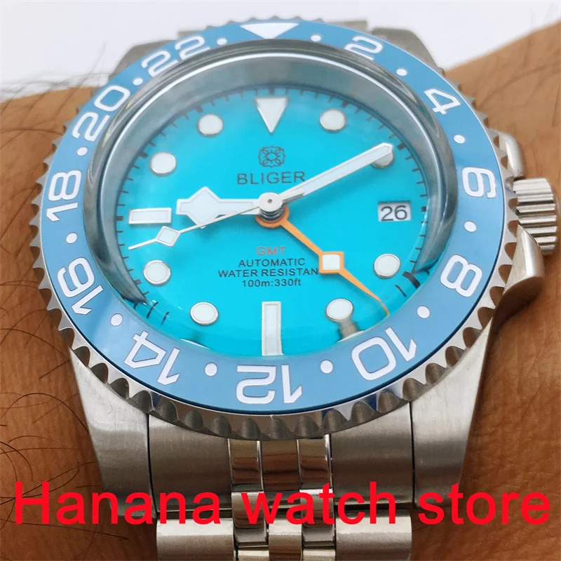 BLIGER GMT NH34A Men's Watch 40mm Dome AR coated glass Blue luminous ...