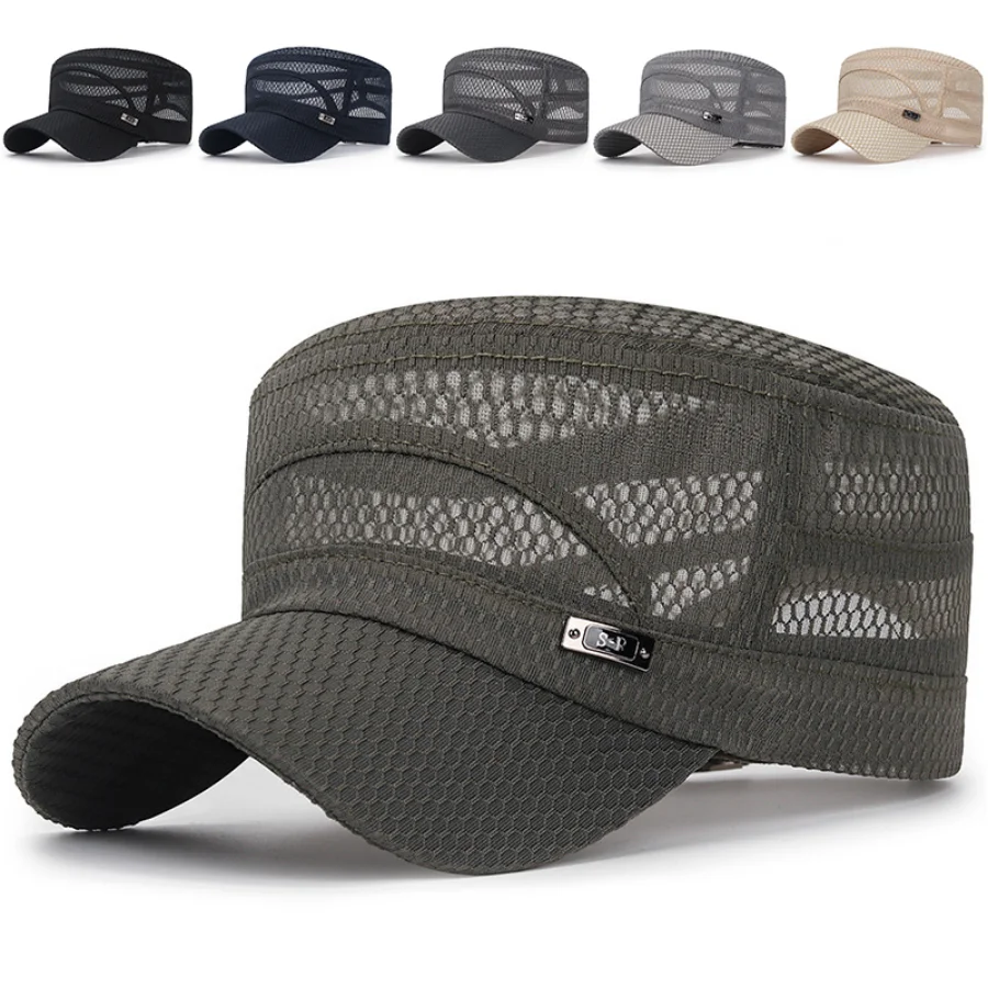 Unisex-Breathable-Mesh-Army-Hat-Adjustable-Full-Flat-Top-Hat-Summer-Sun ...