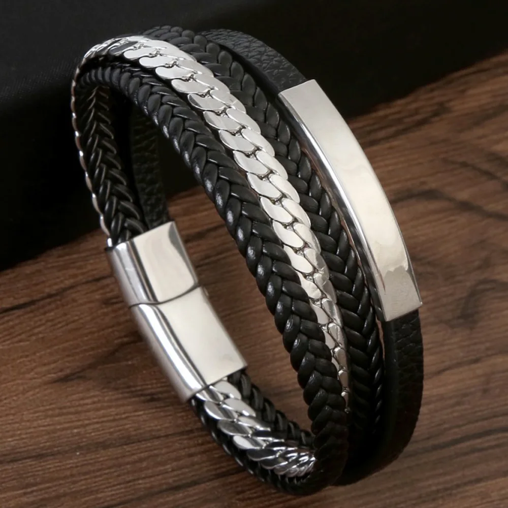 New-Trendy-Leather-Braided-Bracelet-For-Men-Stainless-Steel-Punk-Retro ...