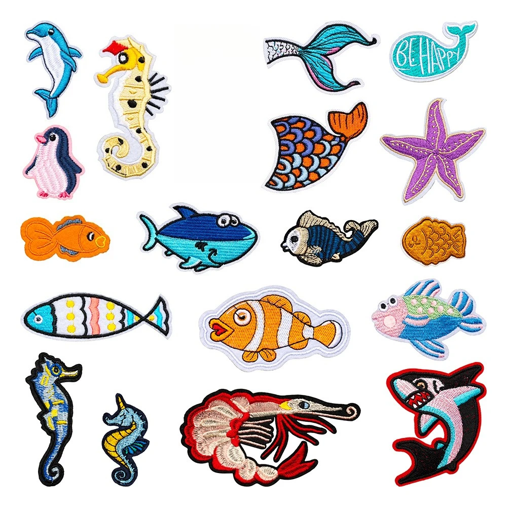 Cartoon Marine Animals Embroidery Iron on Patches for Children Clothes ...