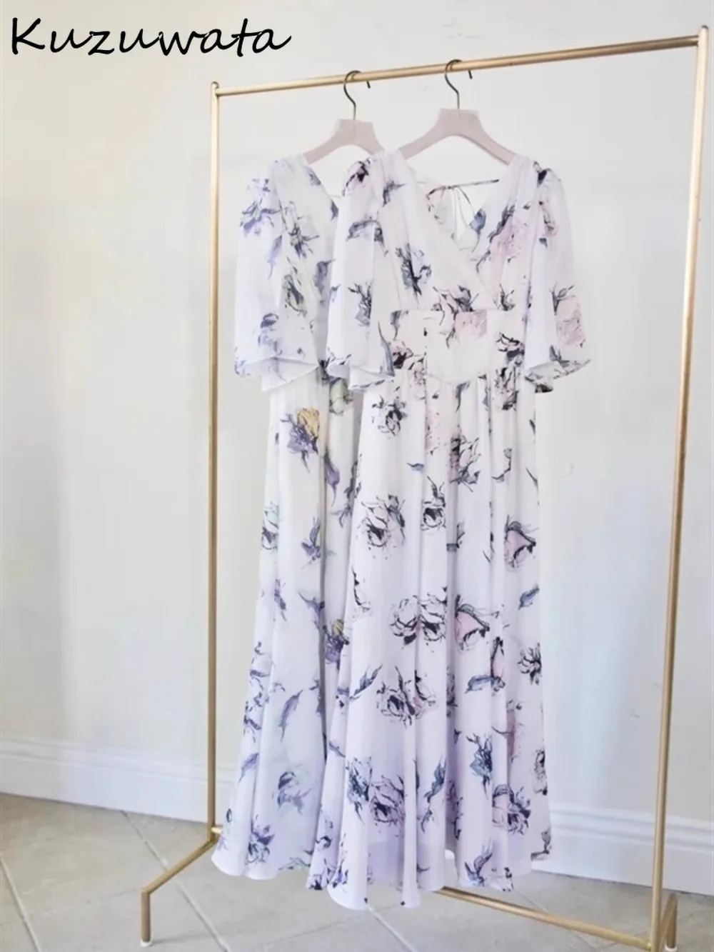 Kuzuwata-Elegant-V-Neck-Raglan-Sleeve-Rose-Print-Robe-Lace-Up-High ...