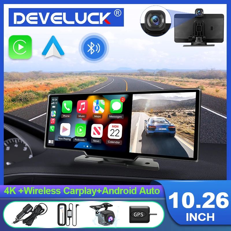 Develuck-10-26-Inch-4K-Car-Mirror-DVR-Video-Recording-Carplay-Android-Auto-Wireless-Connection ...