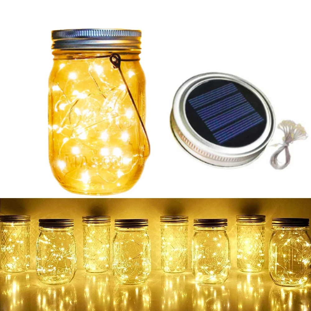 Solar Mason Jar Lid Lights LED Fairy Star Firefly String Lids Lights ...