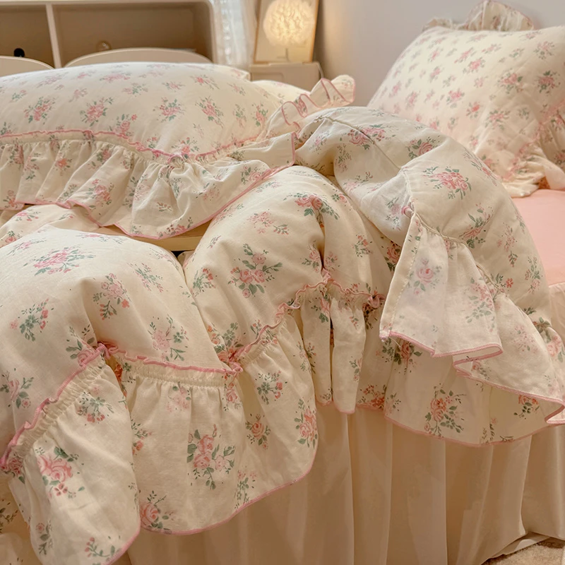 Korean-Style-Ruffles-Pure-Cotton-Double-Layer-Yarn-Floral-Bedding-Set ...