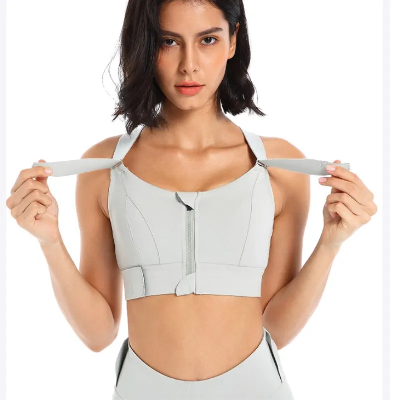 Women Sports Bras Tights Crop Top Yoga Vest Front Zipper Plus Size Adjustable Strap Shockproof ...