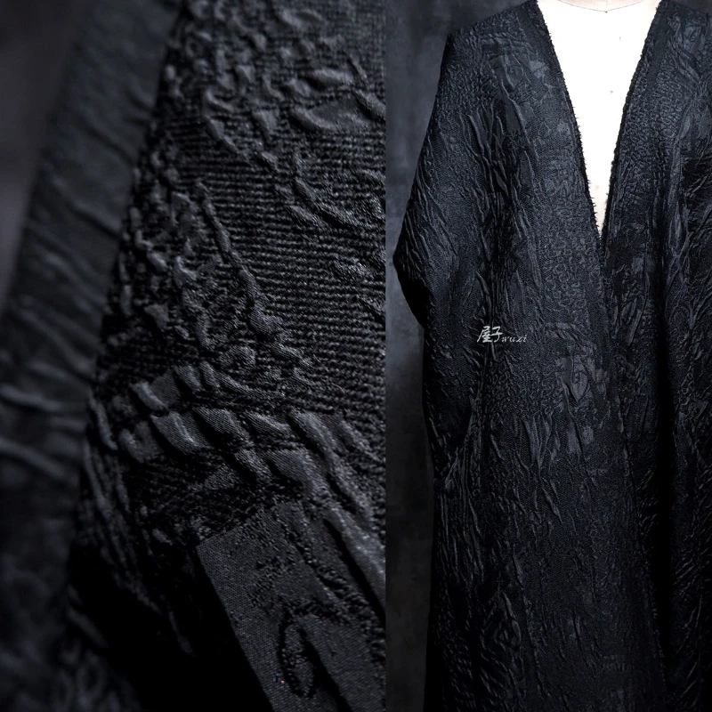 Jacquard-Fabric-Blended-Solid-Black-Embossed-Dark-Pattern-Designer ...