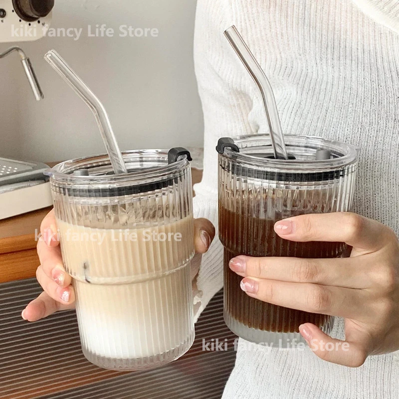 450ml-Simple-Stripe-Coffee-Glass-Cup-With-Lid-and-Straw-Transparent ...