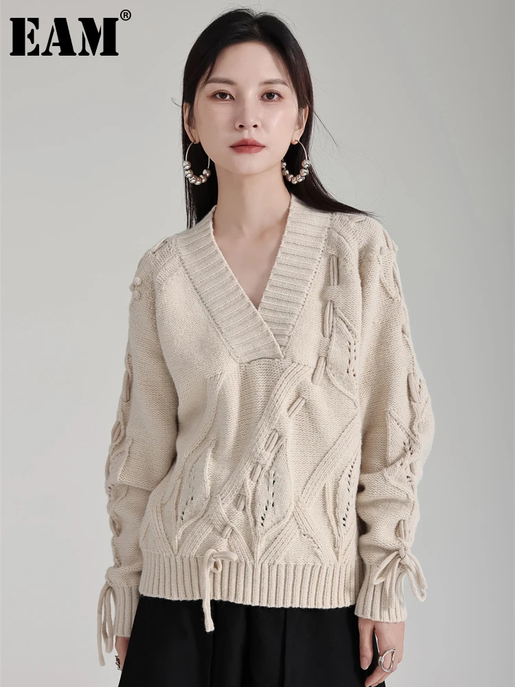 EAM-Apricot-String-Big-Size-Knitting-Sweater-V-Neck-Long-Sleeve-Women ...