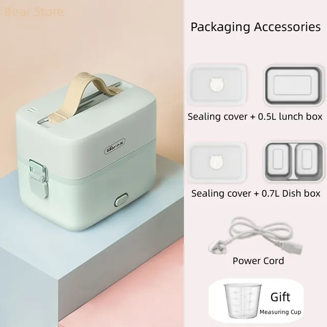 Bear Double-layer Electric Heating Lunch Box Portable Small Bento Heat Food Quickly Steamed Rice ...