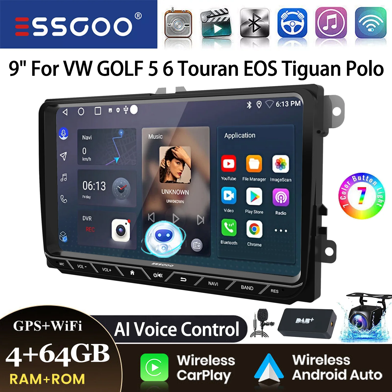 9" Android 14 Car Radio 4+64GB CarPlay For VW Golf 5 6 Passat B6 B7 ...