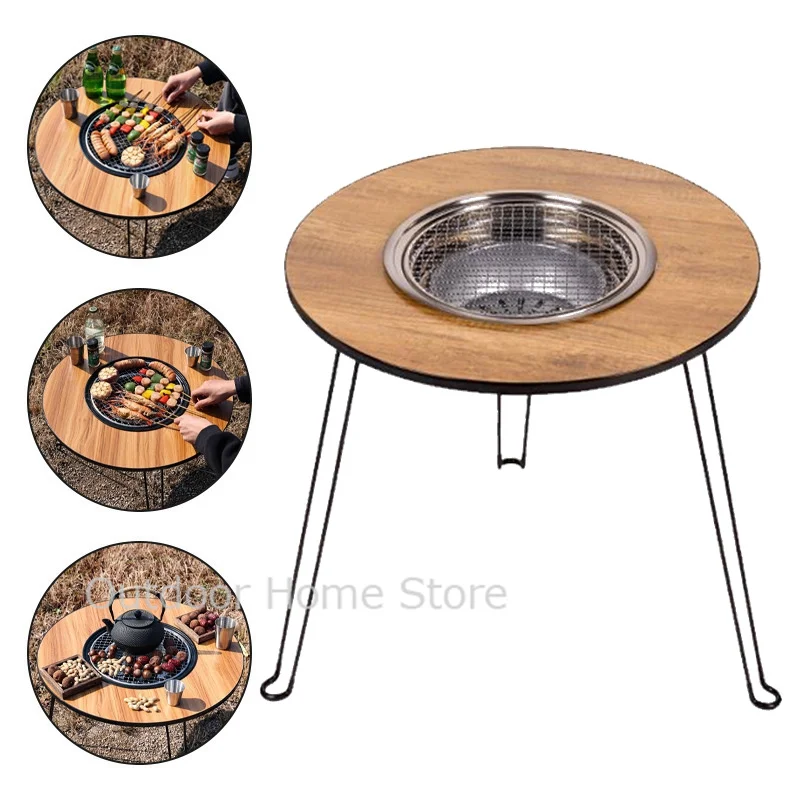 Folding-Camping-Table-Round-Outdoor-Barbecue-Grill-Portable-lightweight ...