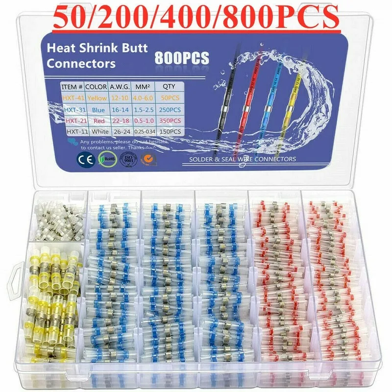 800pcs Solder Seal Wire Connectors Heat Shrink Insulated Electrical Wire Terminals Butt Splice ...
