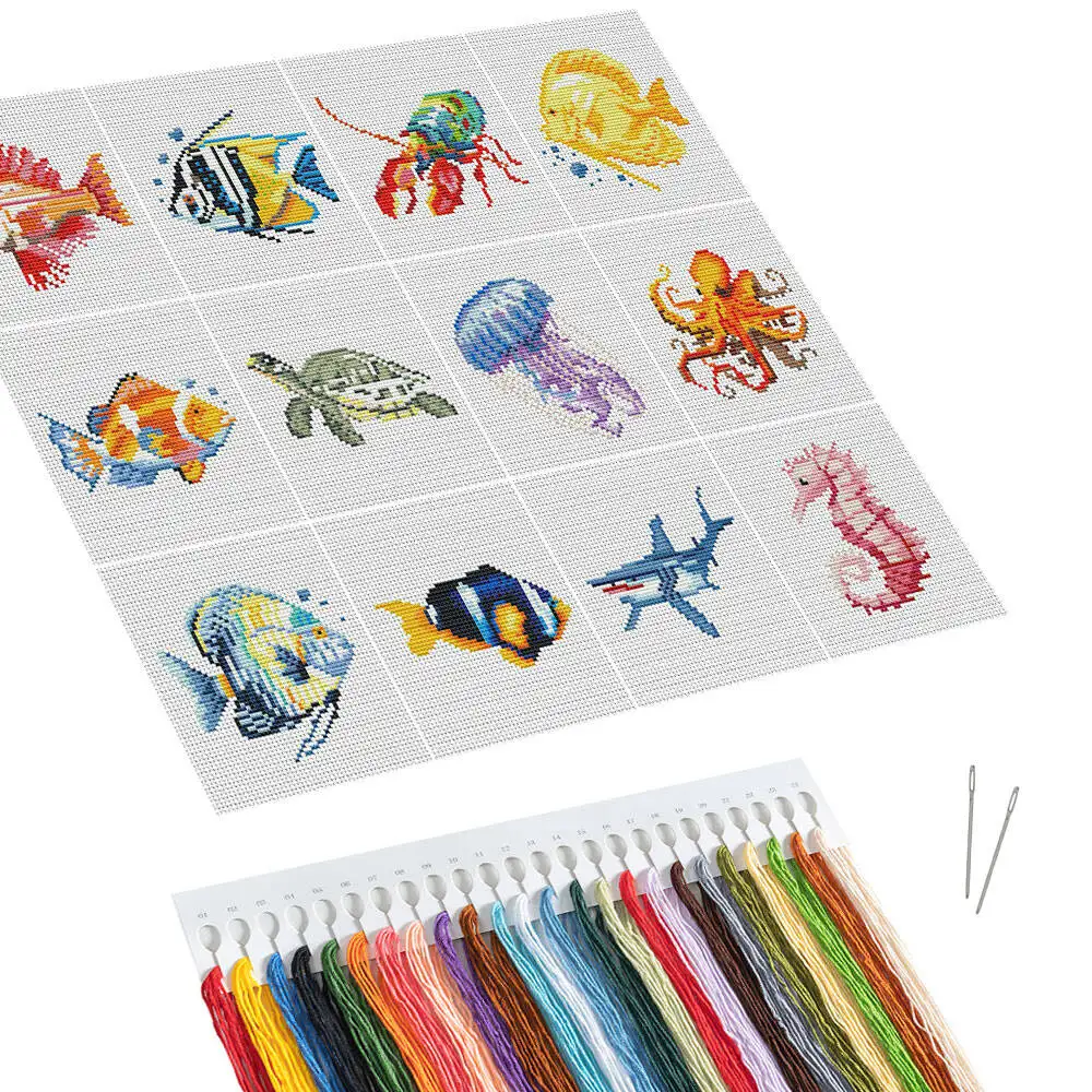 12pcs Fish Cross Stitch Set Seahorse Embroidery Kit Needlework Bathroom ...