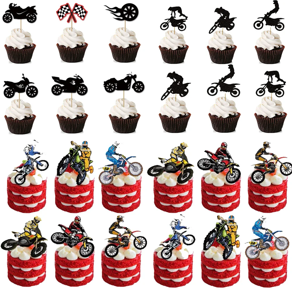 24pcs/Set Motorcycle Birthday Cake Decorations Cupcake Toppers ...