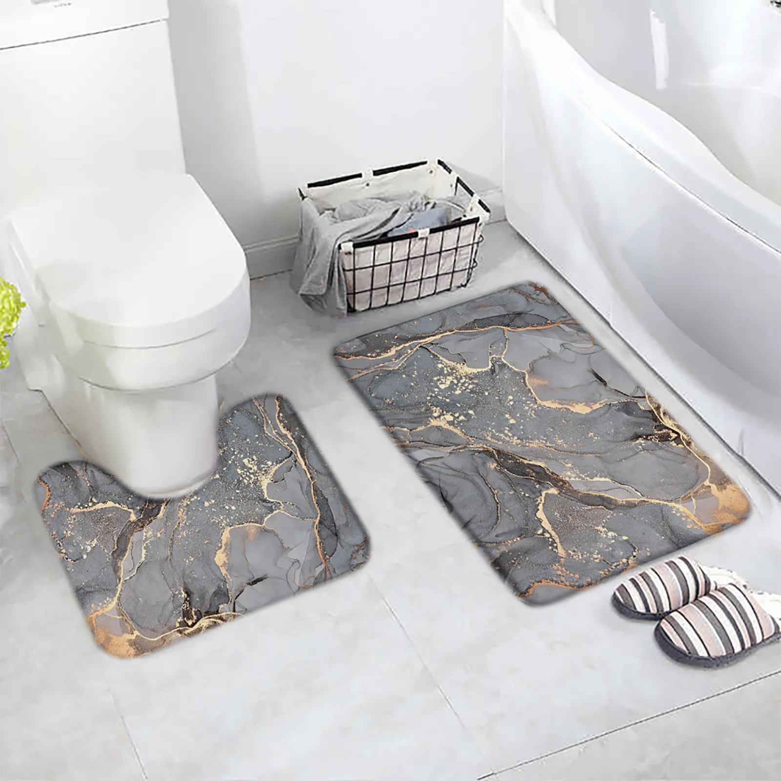 Creative-Grey-Marble-Bath-Mat-Set-Gold-Line-Texture-Pattern-Modern-Home ...