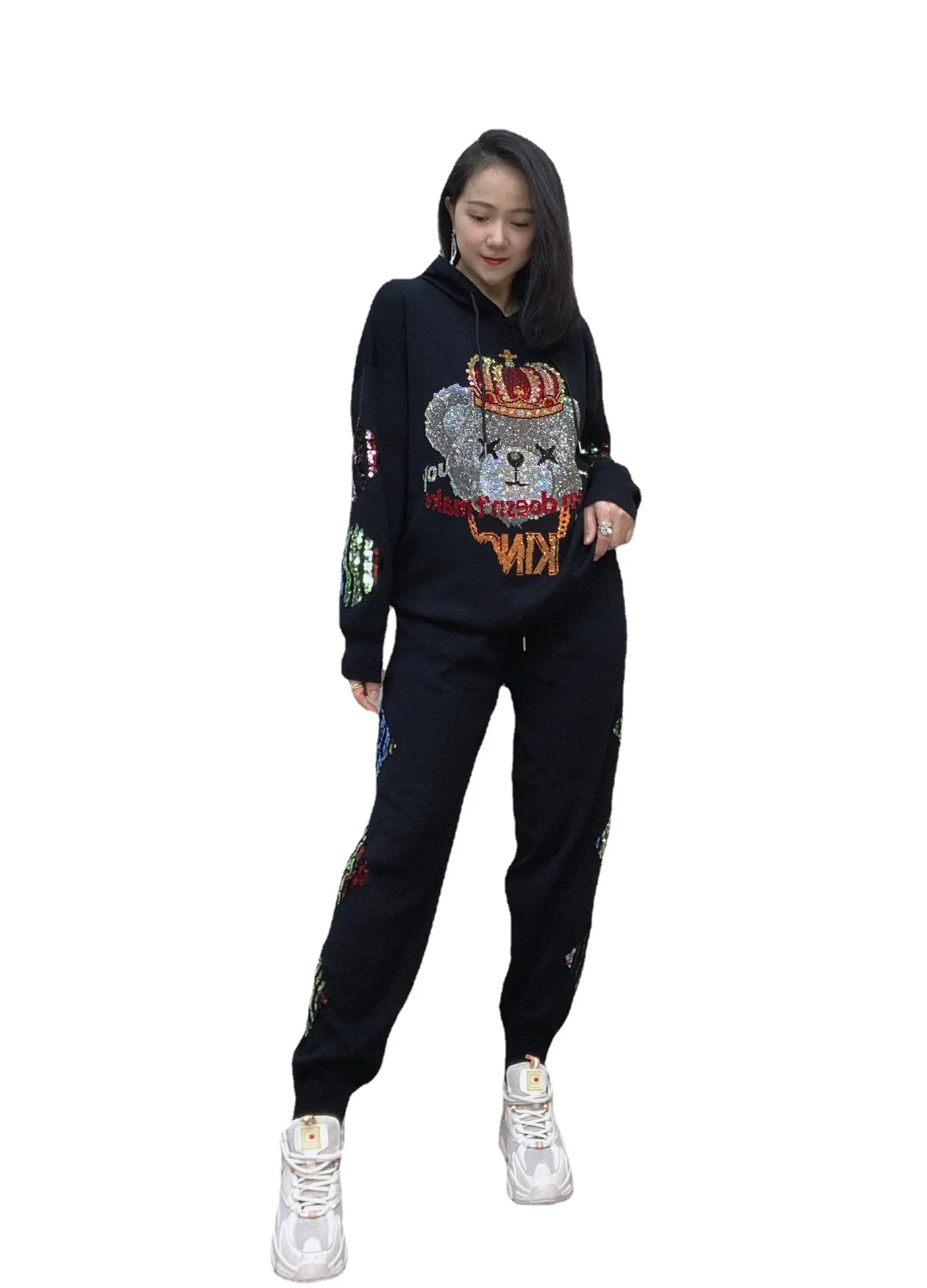 Two Pieces Pattern Sparkly Casual Sweater Set Women Spring