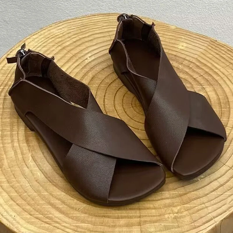 Soft Artificial Leather Sandals Woman Retro Back Zipper Cross Strap ...