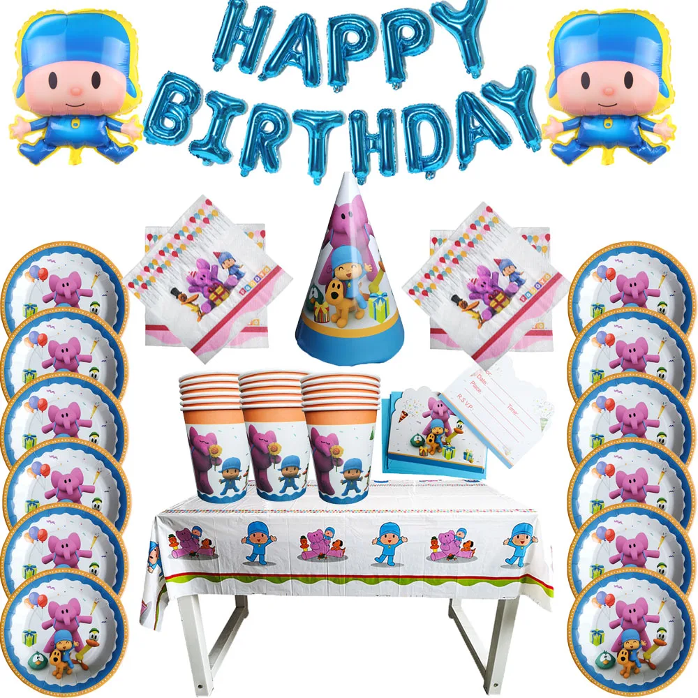 Suministros de fiesta de cumpleaños con temática de dibujos animados Pocoyó, vajilla desechable ...