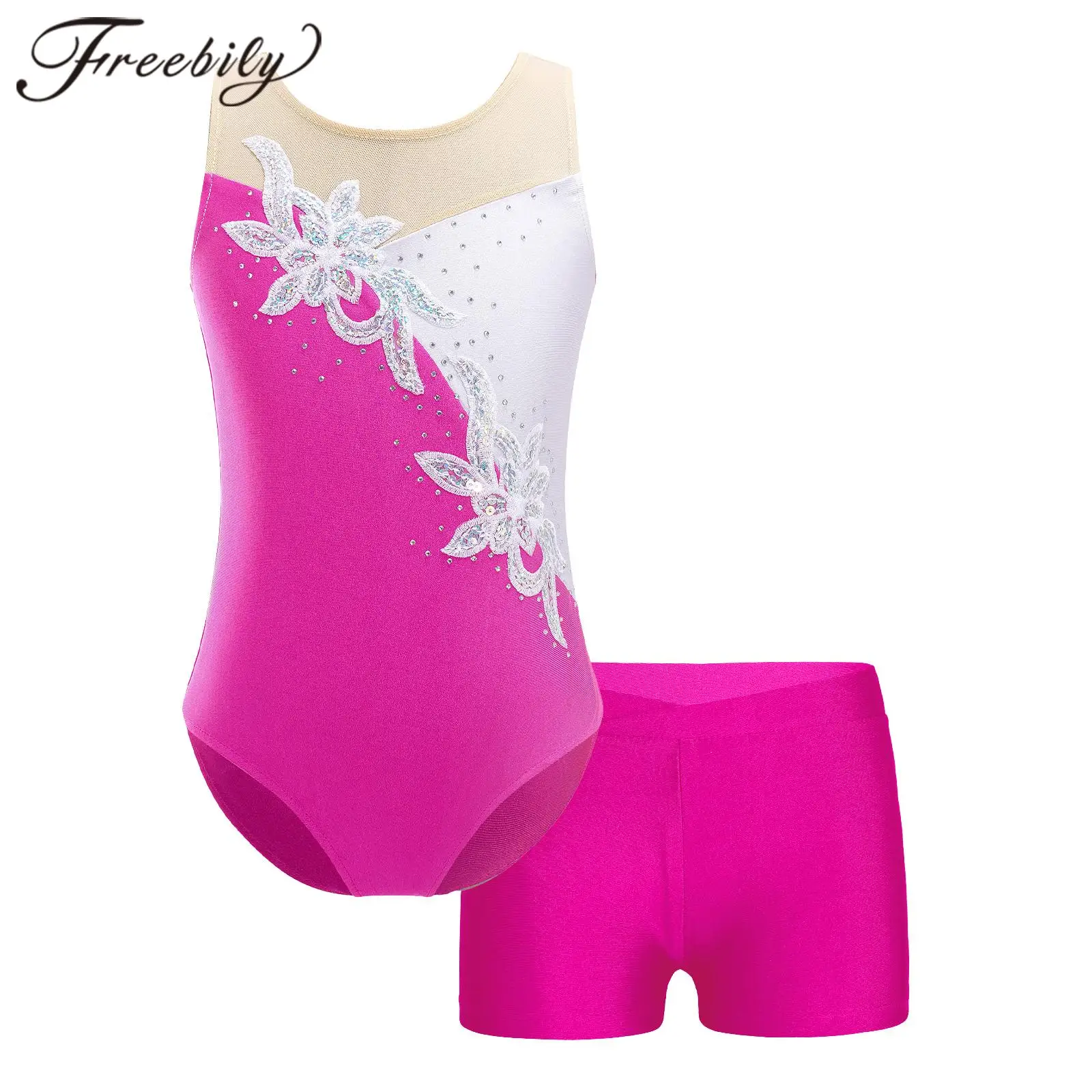 Kids Girls Sleeveless Gymnastics Leotard with Shorts Ice Skating ...