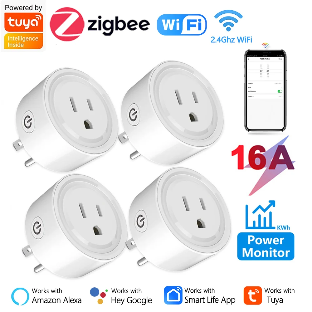 Smart Plug Zigbee/WiFi Socket US 16A With Power Monitor Timing Function Tuya Smart Life APP ...
