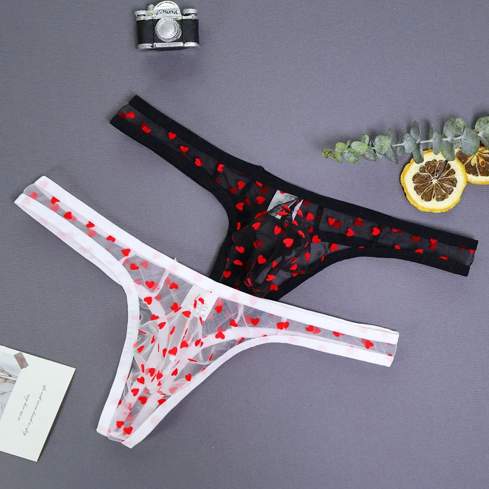 Men's Sexy Underwear Mesh Heart Printed Sheer Thongs G-Strings ...