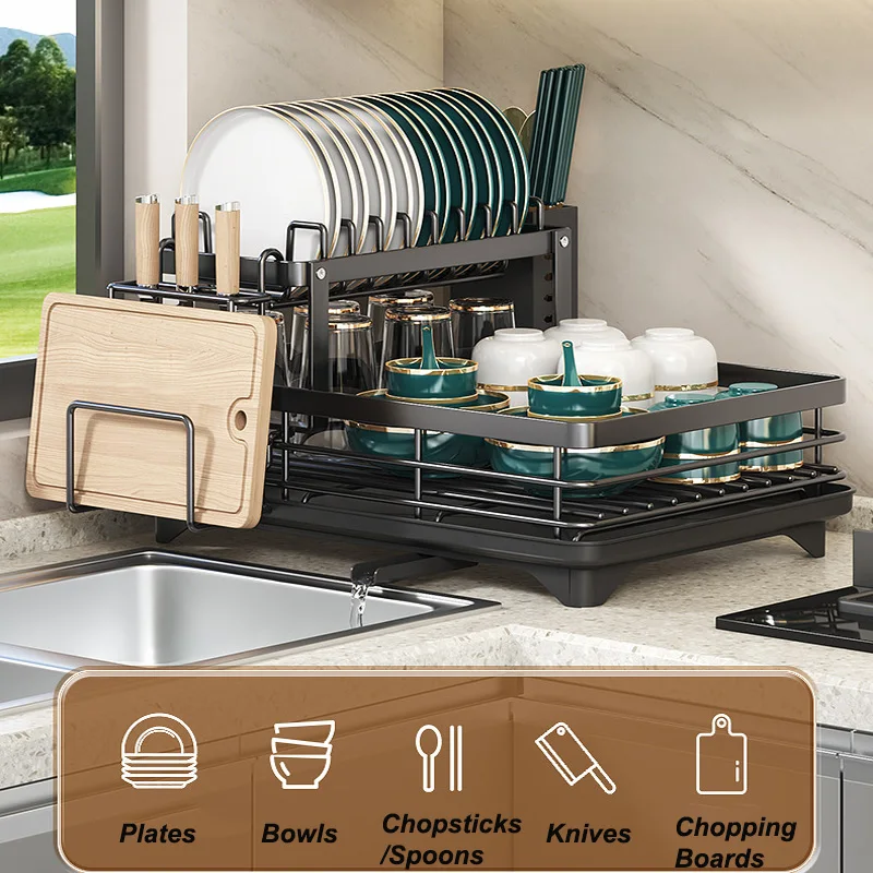 Dish-Drying-Rack-1-2-Tiers-Kitchen-Utensils-Storage-Rack-Bowls-Knife ...