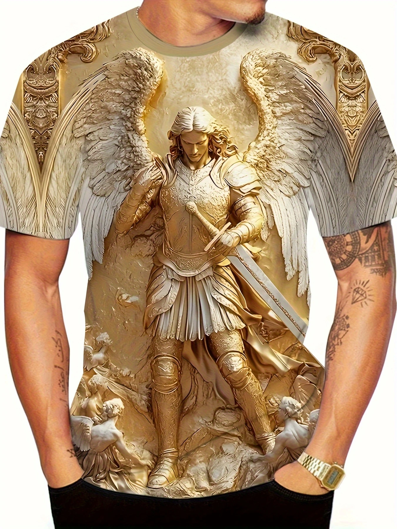 Mens 3d Angel Warrior Graphic T Shirt Golden Sword Design 3D Printed ...