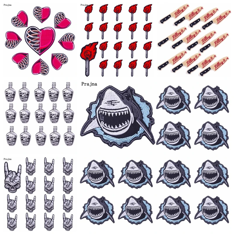 10PCS Punk Shark Patch Love Skull Embroidered Patches On Clothes Finger ...