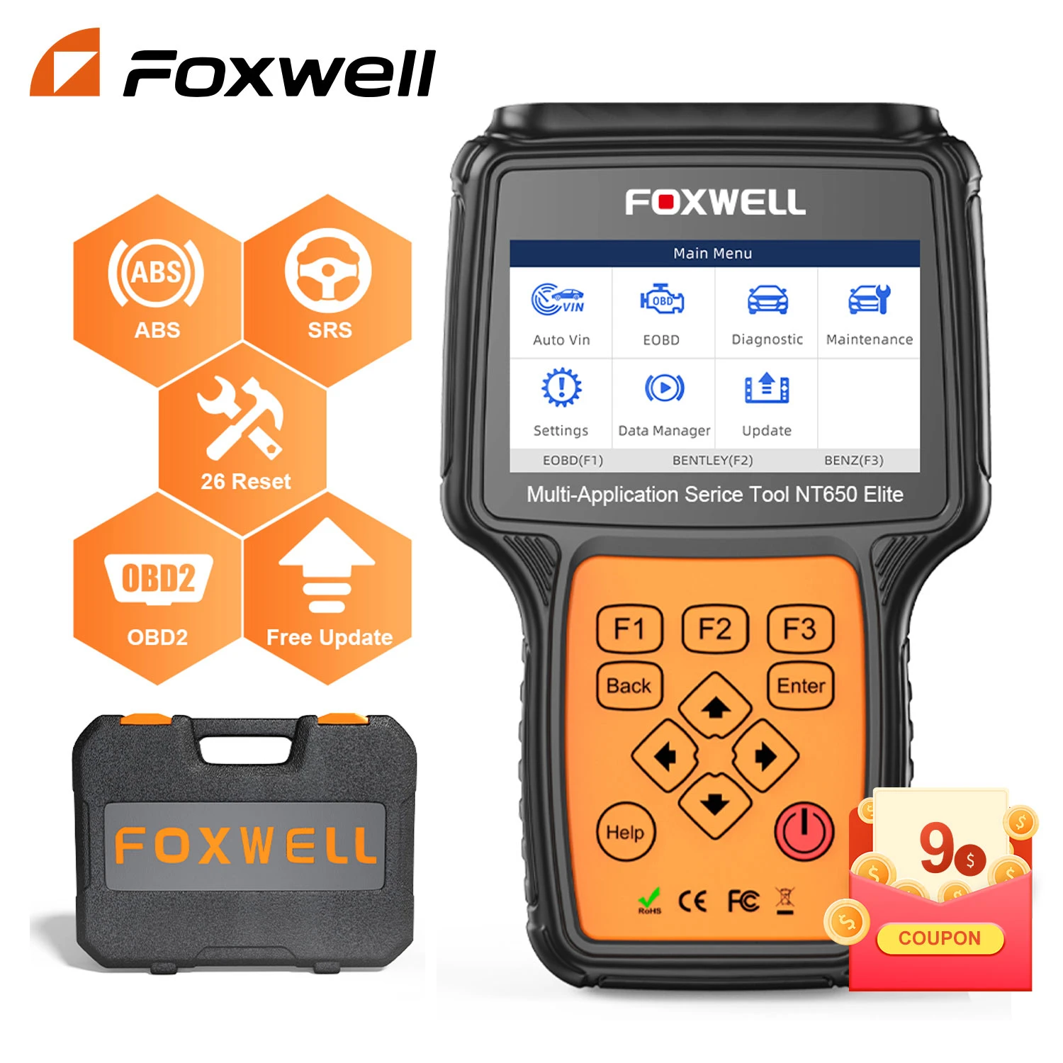 Foxwell Nt650 Elite Obd2 Automotive Scanner Abs Srs A/f Brt Dpf 26 ...