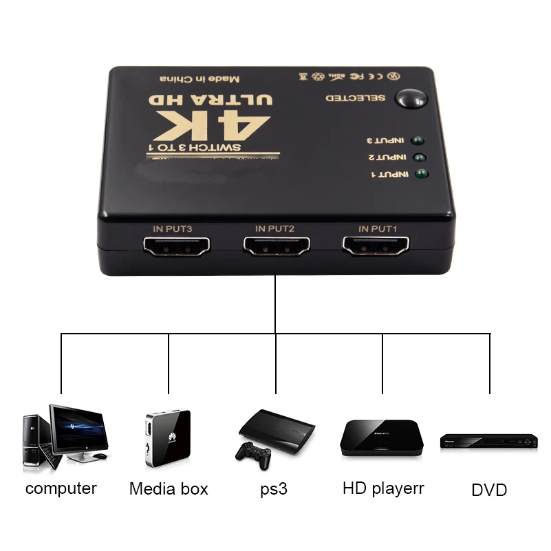 3 Ports 4K*2K 1080P Switcher HDMI-compatible Switch Selector 3 Keys ...