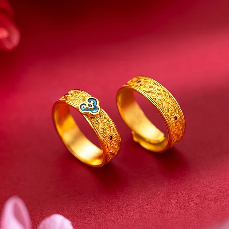 Couple-Style-9999-24K-Real-Gold-Fired-Blue-Enamel-Ruyi-Ring-with-Retro ...