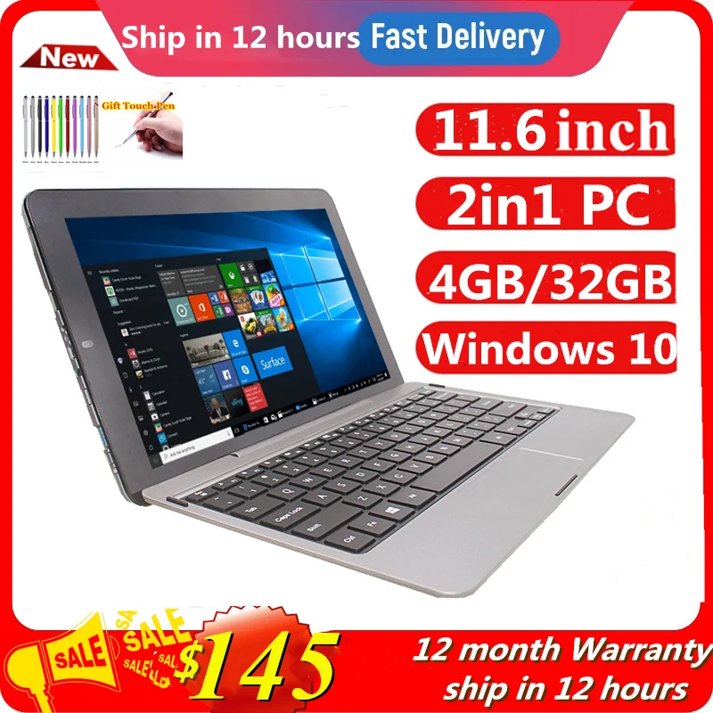 Mini Notebook 2 en 1 de 64 bits, 11,6 ", 4 GB + 32 GB, Windows 10 Home ...