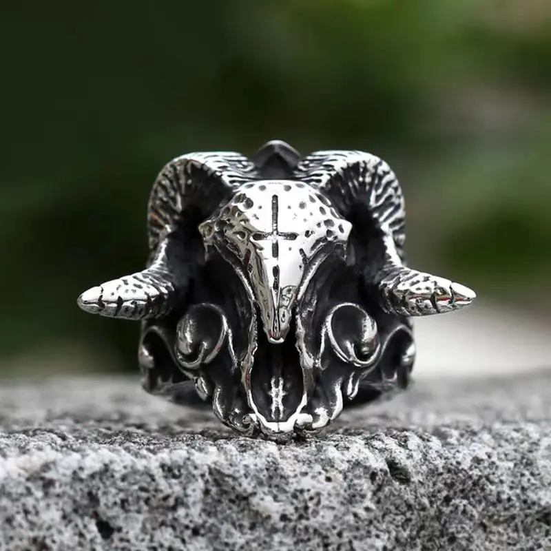 Devil-Ram-Horns-Skull-Open-Ring-for-Men-s-Retro-Satanic-Cross-Religious ...
