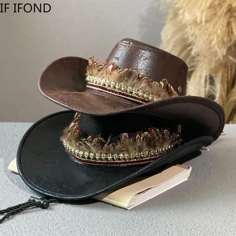 Autumn Winter Fashion Men Western Cowboy Hat Faux Leather Dad Gentleman Jazz Caps Vintage Panama ...