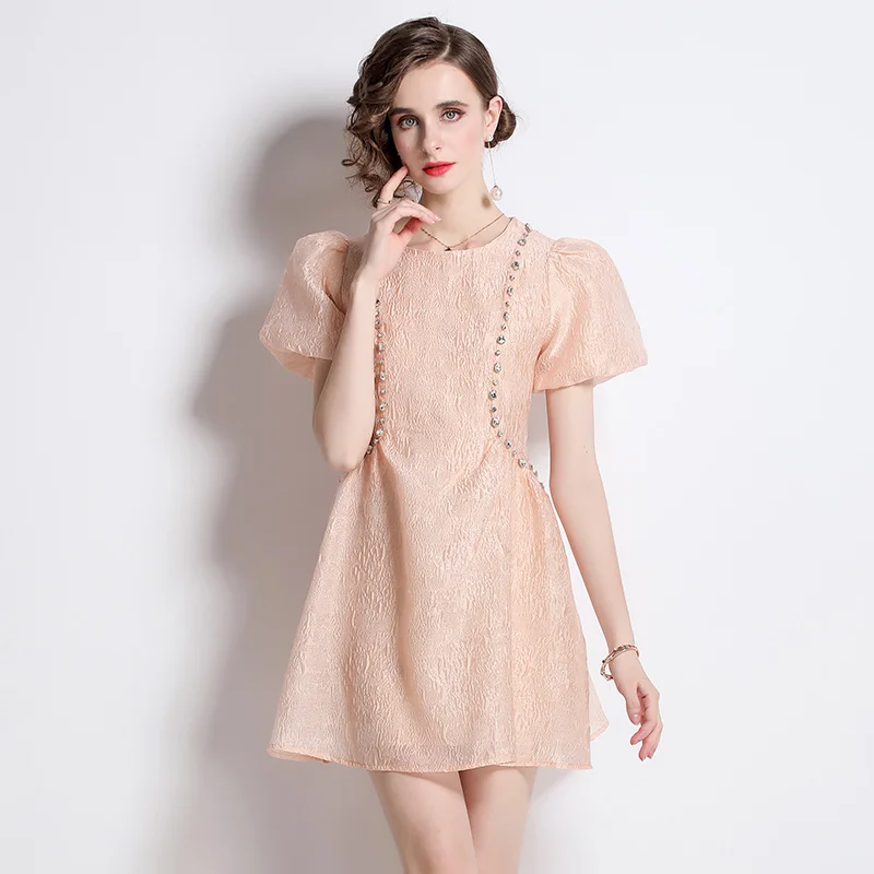 Diamonds Luxury Summer Pink A-line Jacquard Dress High Waist Short Puff ...