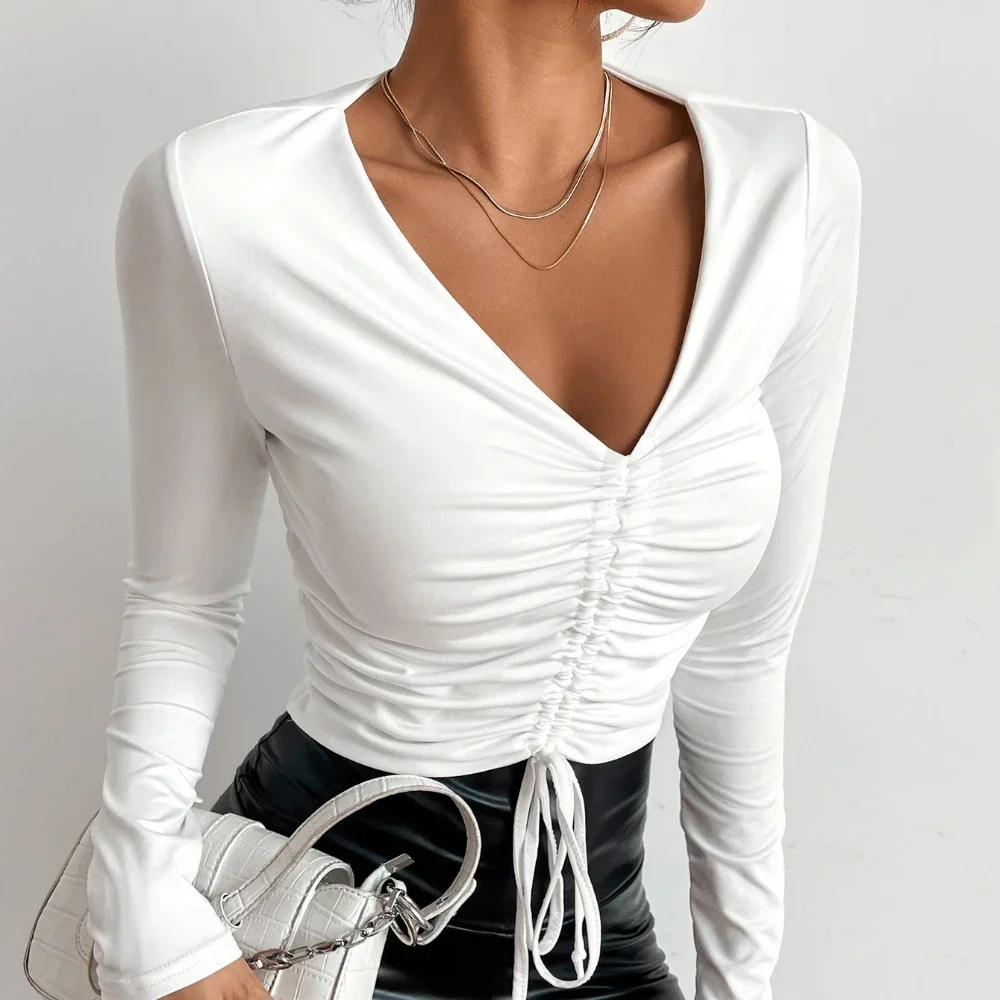 Sexy-V-Neck-Drawstring-Shirring-Bare-Midriff-T-Shirt-Women-Long-Sleeves ...