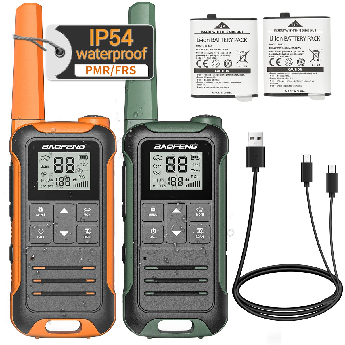 2pcs Baofeng F22 Mini Walkie Talkie Waterproof Type-c Charger PMR 446 ...
