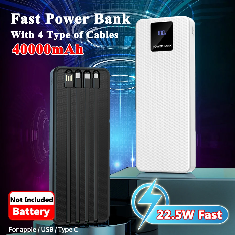 22.5W Fast Power Bank 40000mAh Flashlight 4 Cable Dual USB Type C 18650 ...
