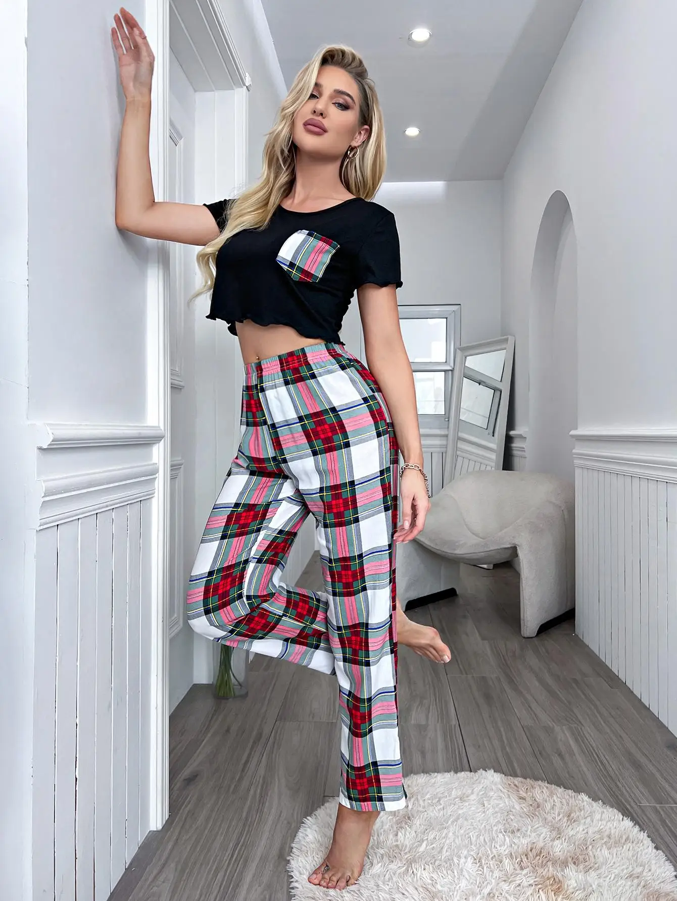 Women-s-2-Pieces-Pajama-Sets-Short-Sleeves-Crop-Tops-Long-Pants ...