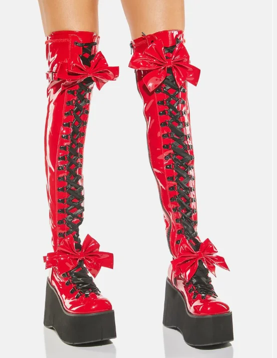 Red-Patent-Leather-Platform-Bow-Over-The-Knee-Boots-Chunky-Bottom-Front ...