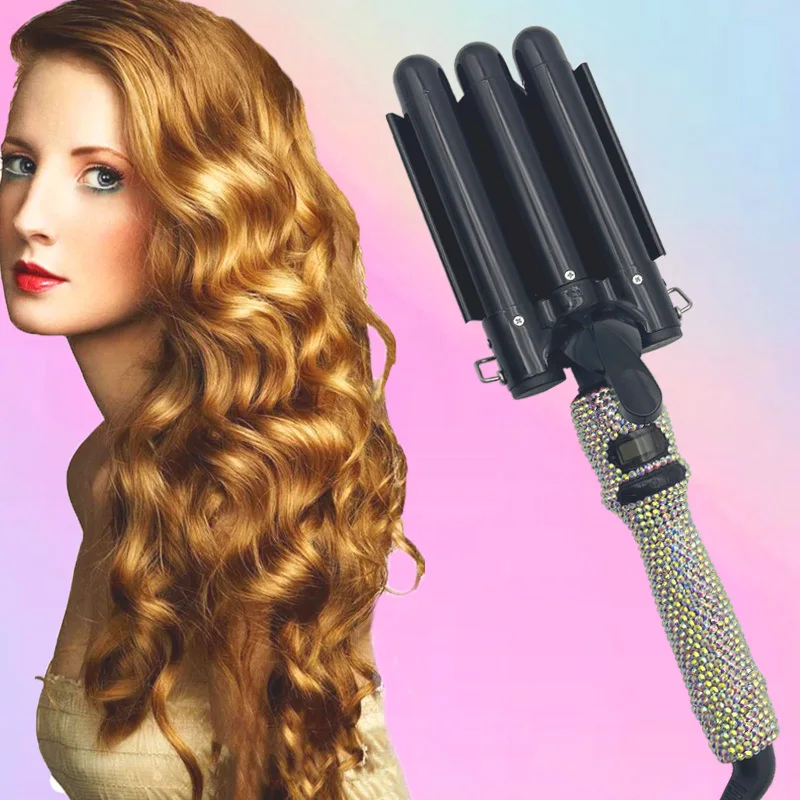 Curling-Weave-Iron-Wand-with-Rhinestones-Three-Barrel-LCD-Temperature ...
