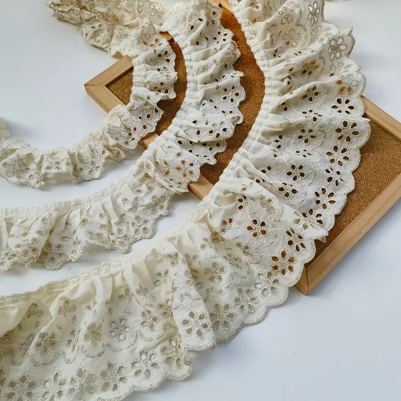 Beige-Gold-Thread-Embroidery-Hollow-Pleated-Cotton-Fabric-Lace-DIY ...