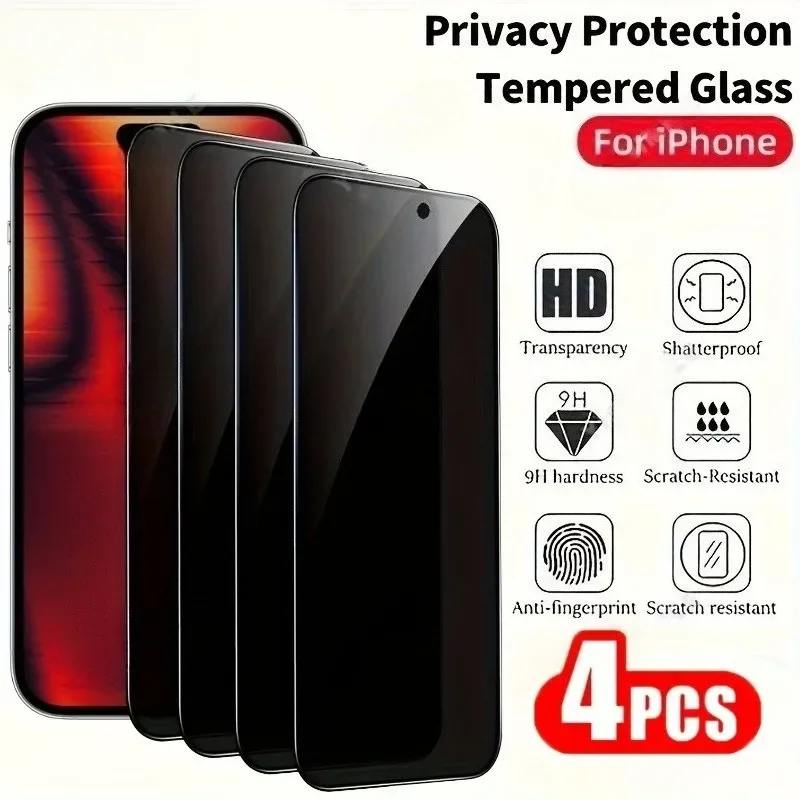 4Pcs Tempered Glass Privacy Screen Protector Suitable for iPhone 17 16 15 14 Pro Max 13 12 11Pro ...