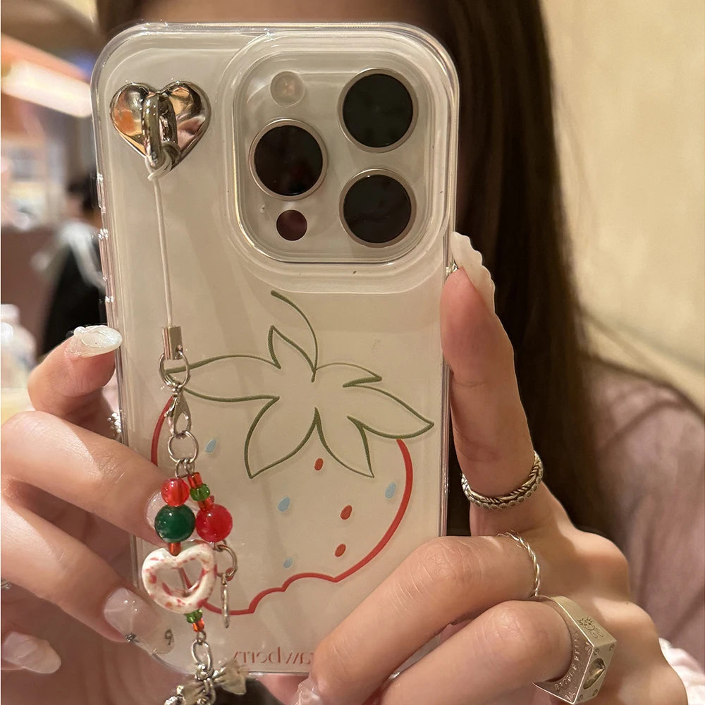 Cute Stylish Line Strawberry Pendant Phone Case iPhone 16 15 14 13 Pro ...