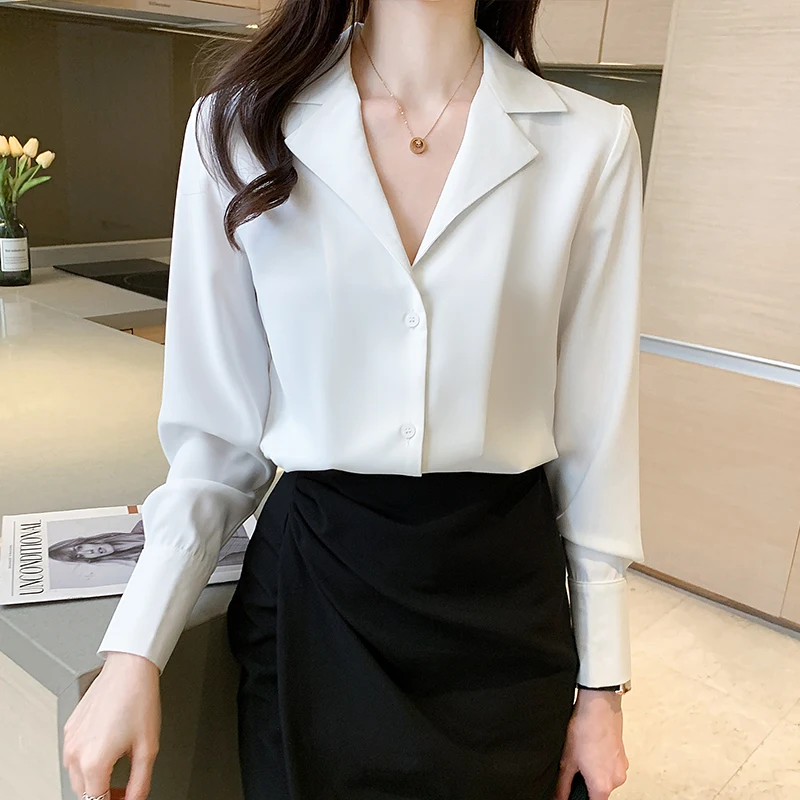 Blusa-blanca-de-manga-larga-con-cuello-para-mujer-Camisa-lisa-con ...