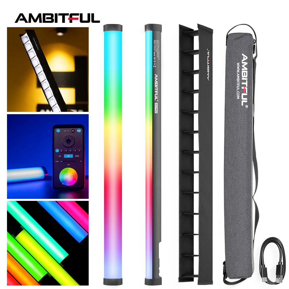 Iluminação LED RGB Tube Light AMBITFUL A2 PRO 2500K-8500K com Controle ...
