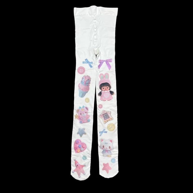 Retro 2000s punk cartoon print Gothic tight fitting pantyhose Harajuku ...
