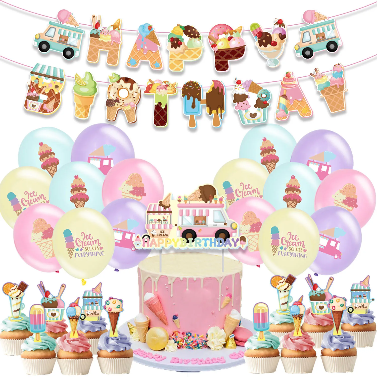 Ice Cream Cartoon Theme Party Layout Ice Cream Birthday Banner Cake ...