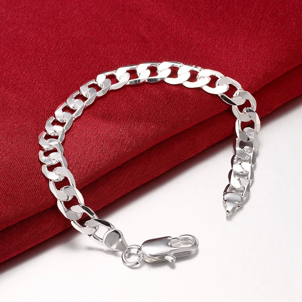 Silver-Color-Bracelet-8mm-Wide-Link-Chain-Simple-Design-For-Men-Women ...
